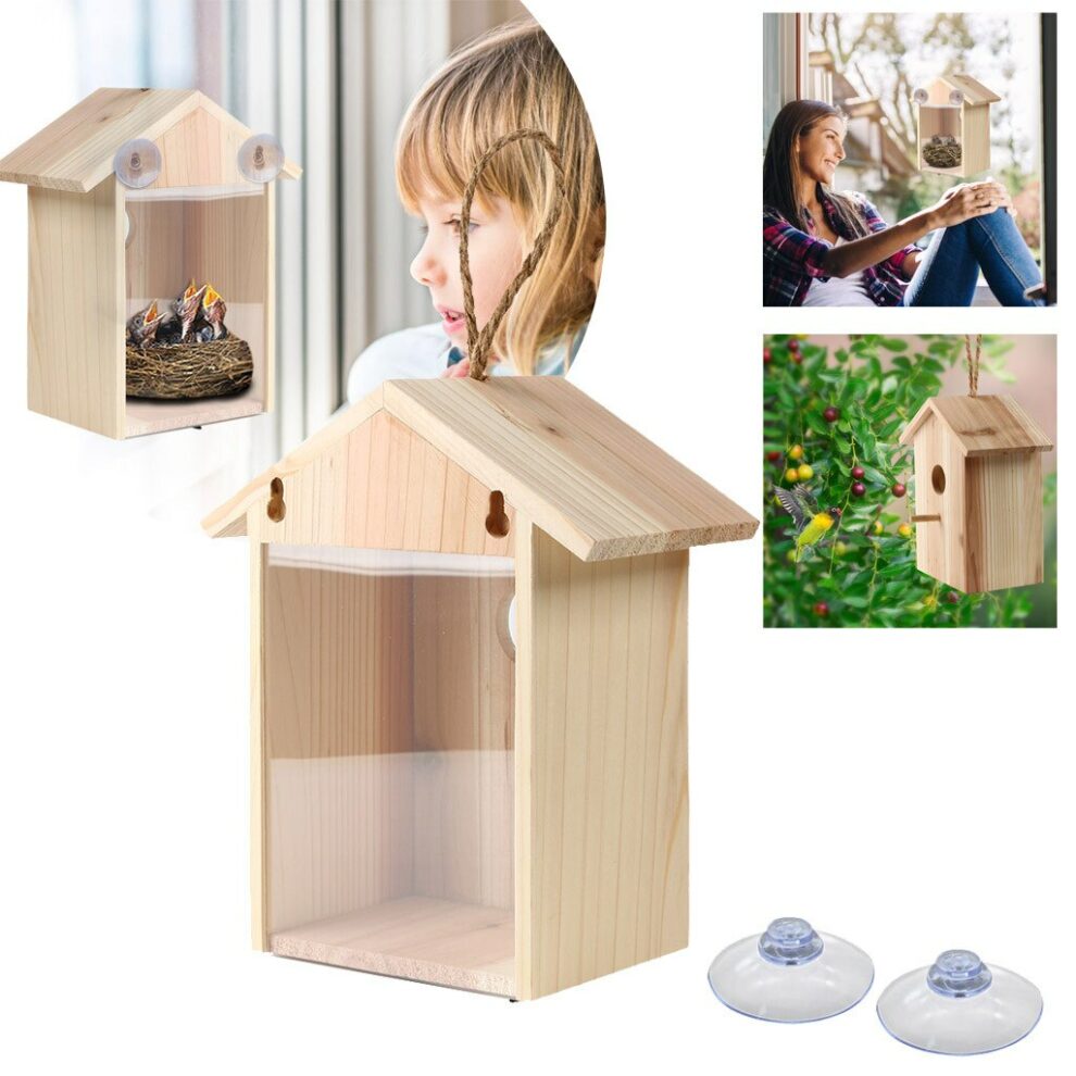 Outdoor Wooden Window Birdhouse With Suction Cups Visible Bird Nest ...
